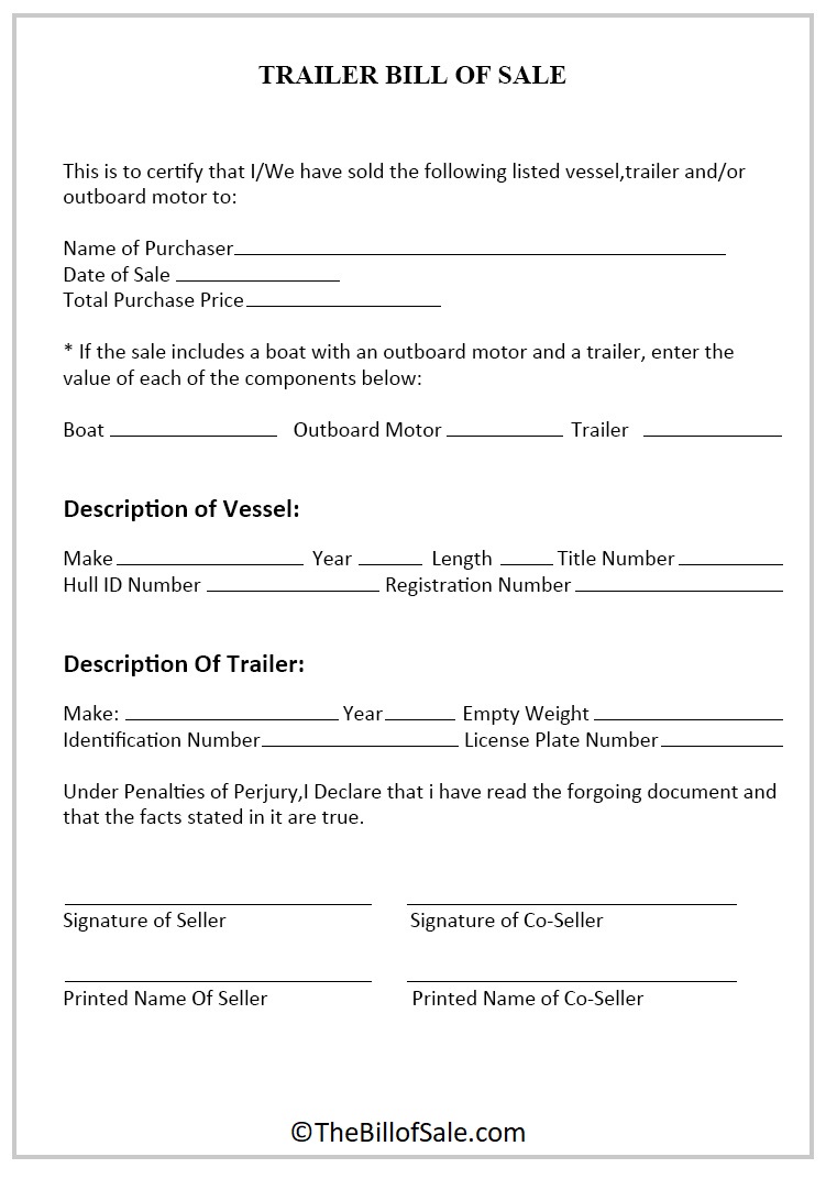 Trailer Bill Of Sale Form Template In Printable PDF Format